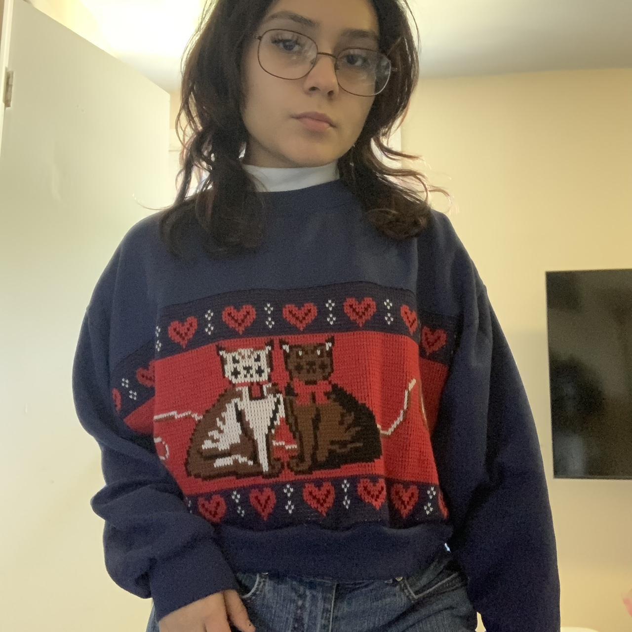 Cropped collared sweater with a design of two cat... - Depop