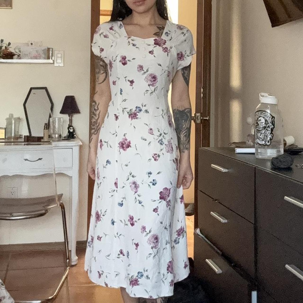 90s floral dress off white color with floral... - Depop