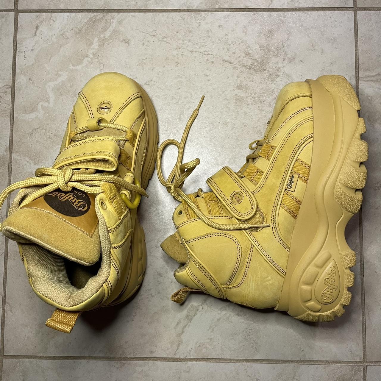 Buffalo London Platform Rave Strap Suede Gold Boots... - Depop