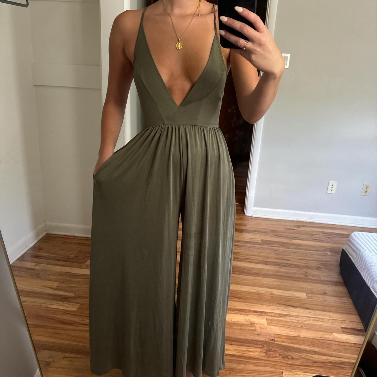 Deep V cut Open Back olive green jumpsuit - Depop