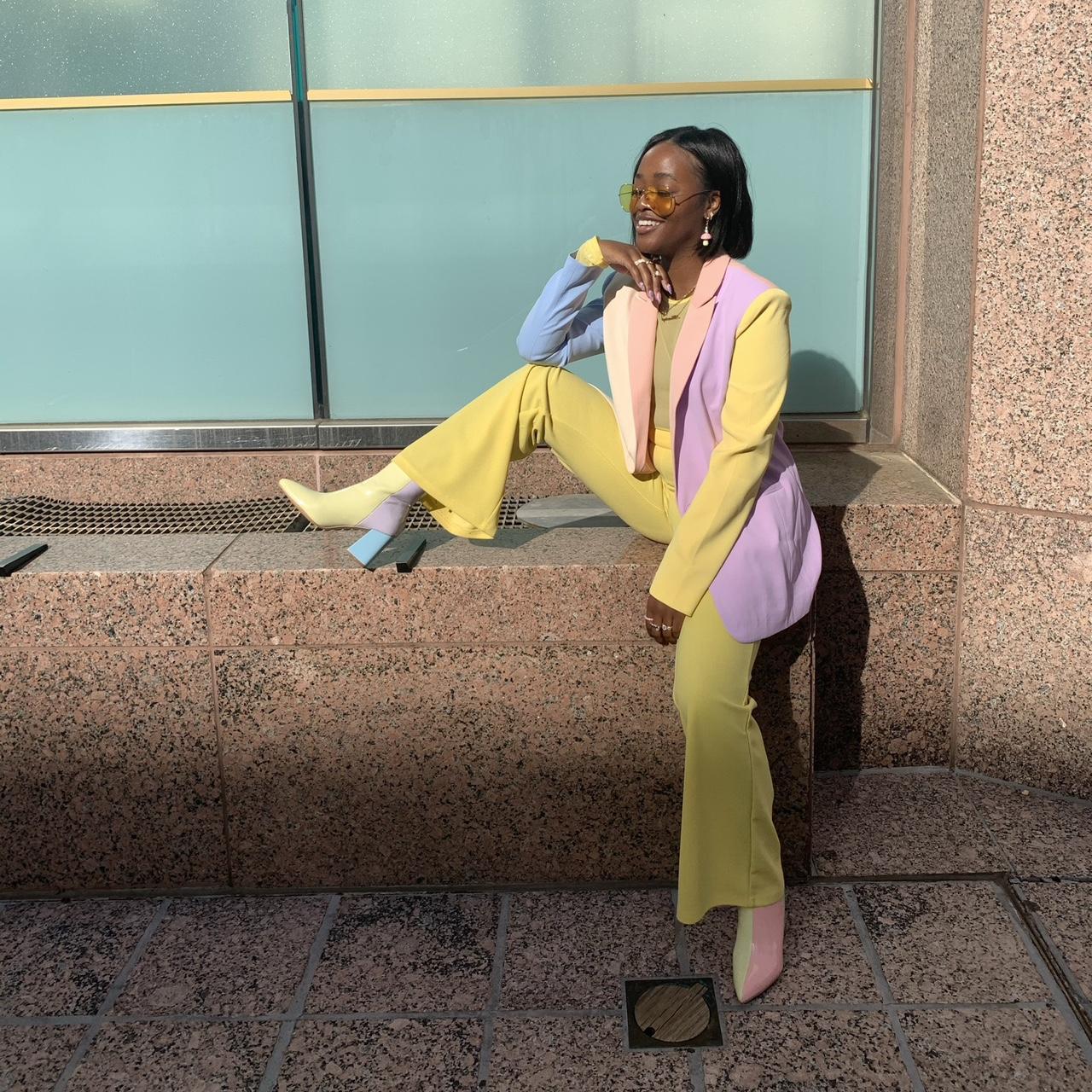 selling pastel colorblock blazer. label reads:... - Depop