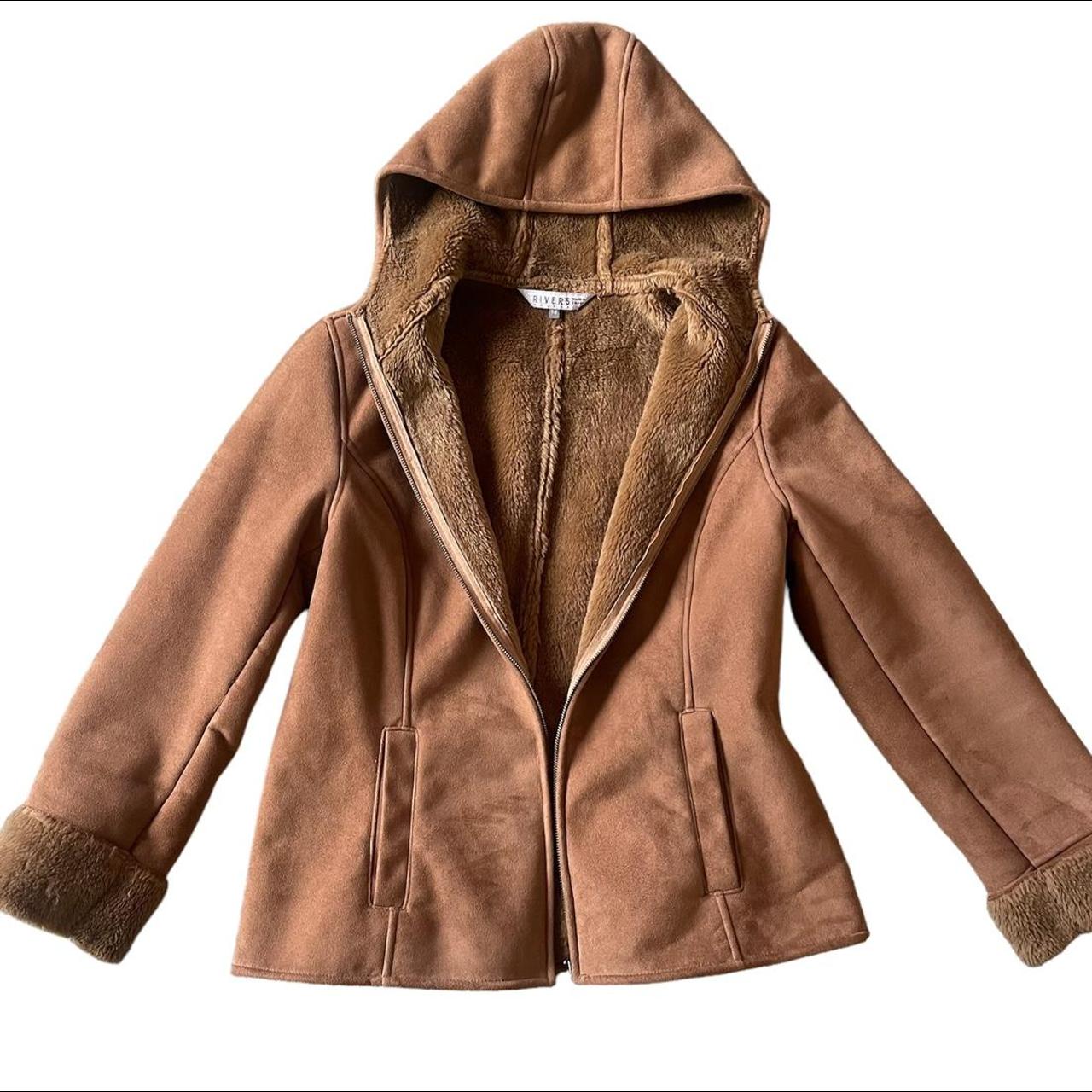 Faux fur-lined jacket coat with hood Suede feel,... - Depop