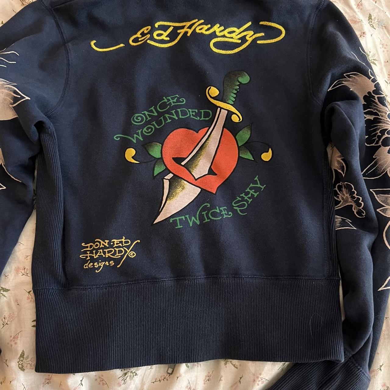 y2k Ed Hardy graphic fur lined navy blue hoodie!... - Depop