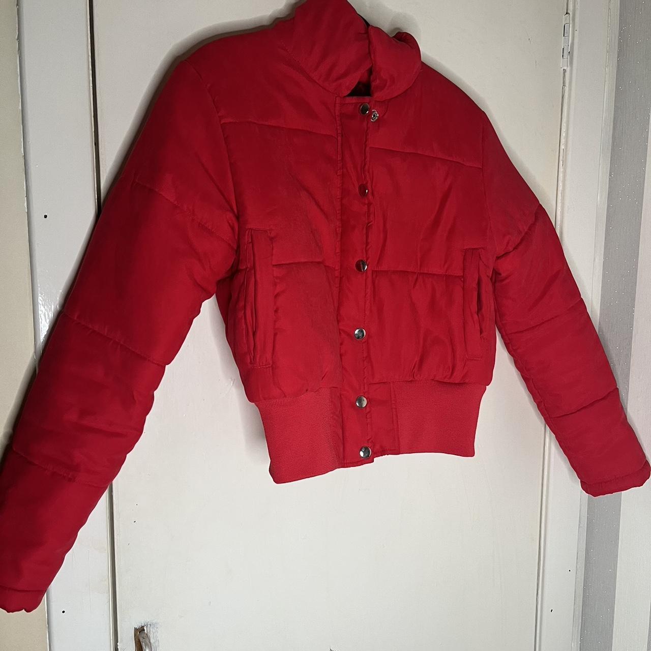 Red cropped puffer jacket. Size 8. Pretty little... - Depop
