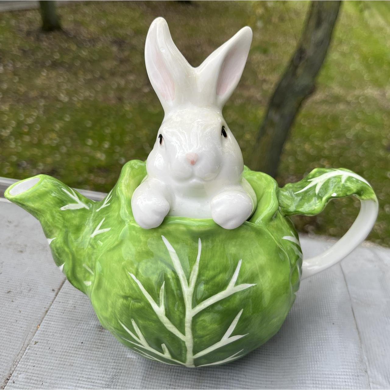 Pier 1 bunny in cabbage teapot. Small chip on handle. - Depop