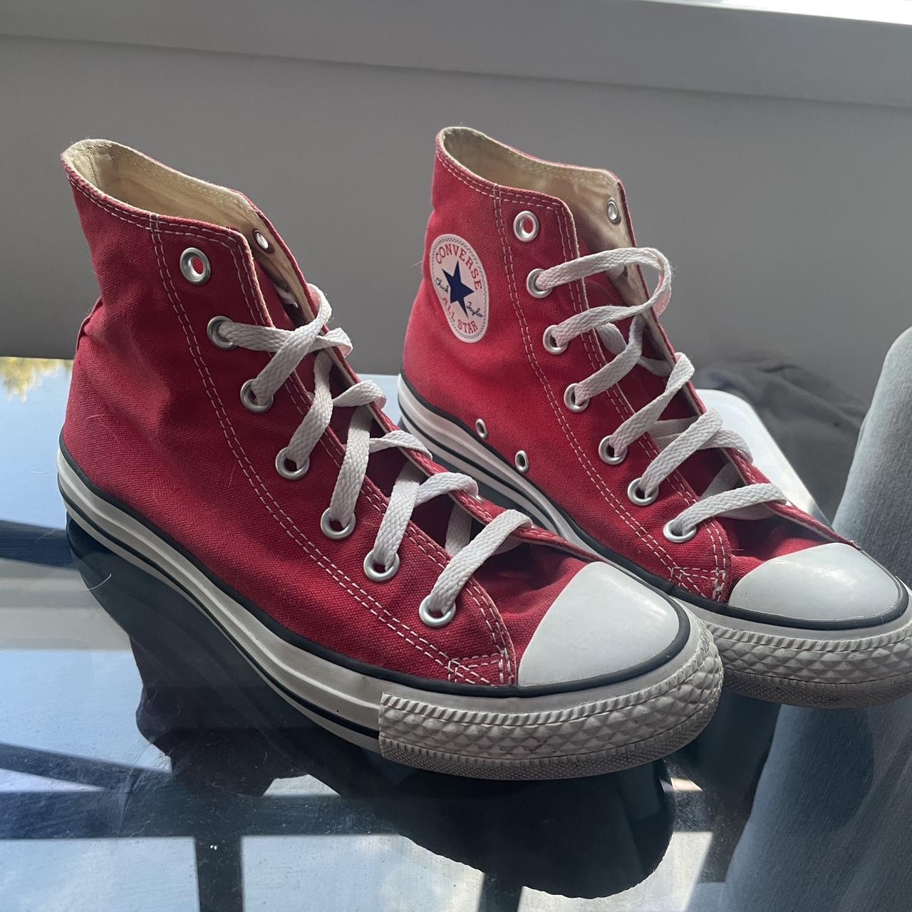 Red and white Converse high top trainers, worn a few... - Depop