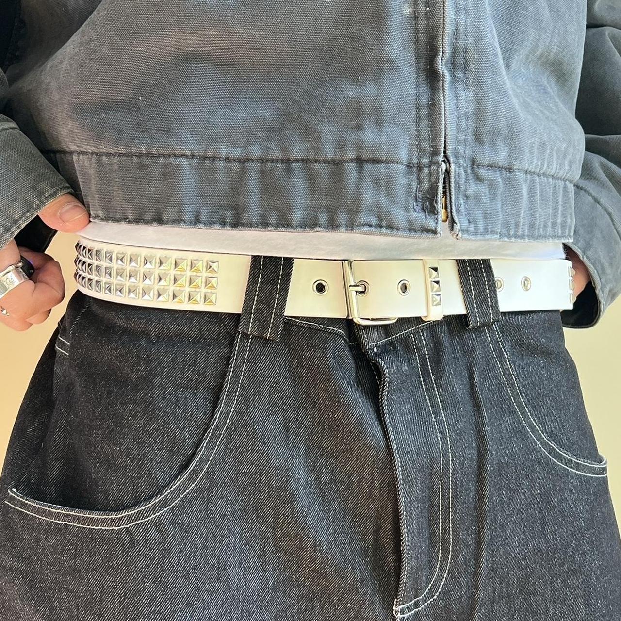 y2k 2000s classic pyramid studded white and silver... - Depop