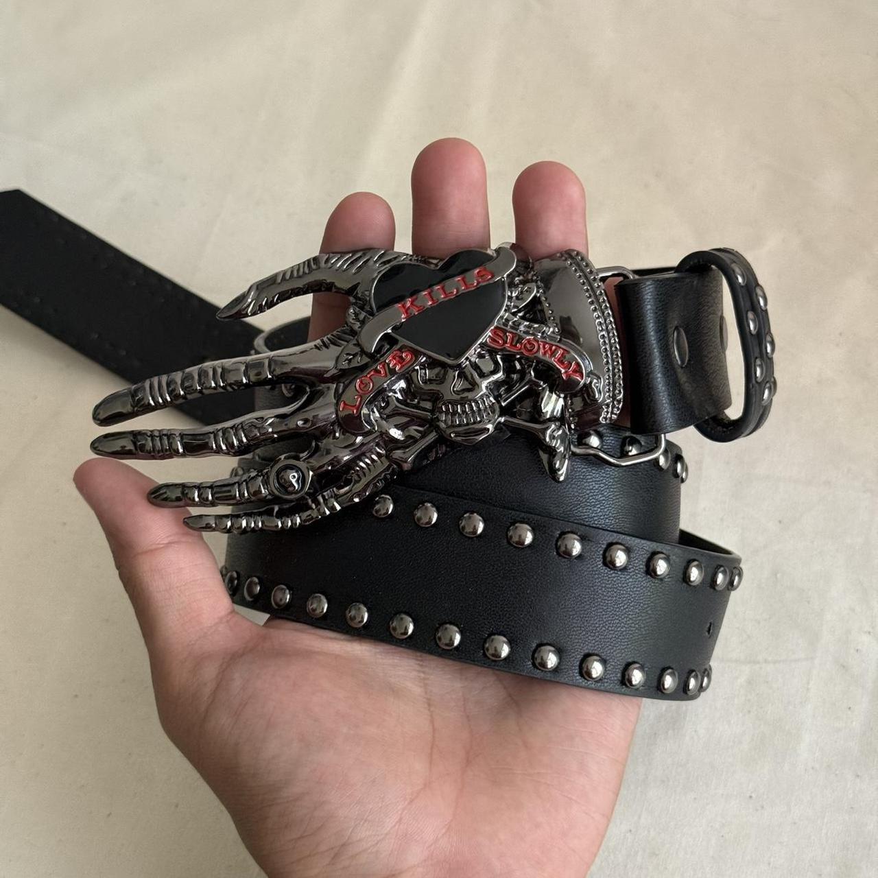 y2k style skeleton love kills slowly studded goth... | Depop