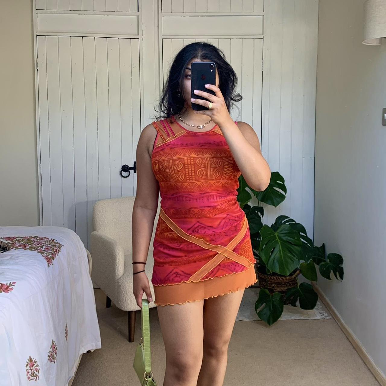 Vintage Mesh Dress Unreal mesh orange/pink mini... - Depop