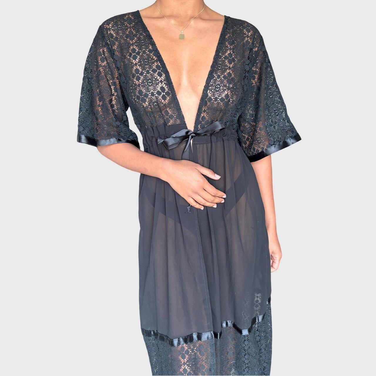 Gorgeous black sheer lace kimono robe with satin... | Depop