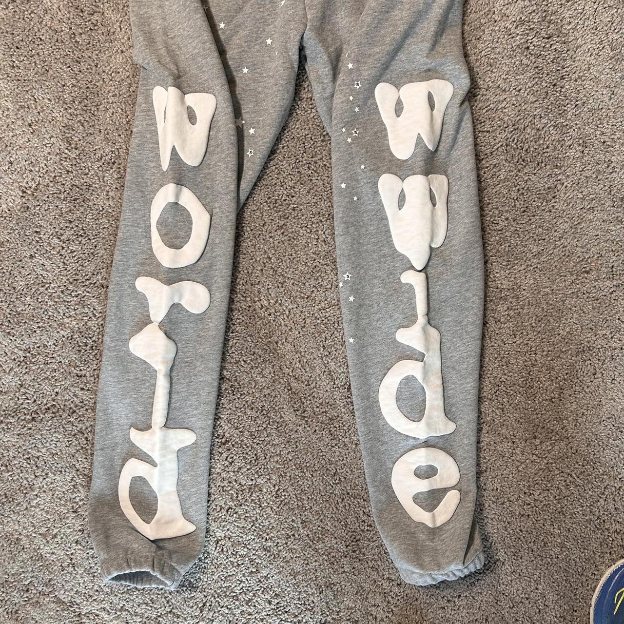 Sp5der Gray and White World Wwide Sweatpants 🕷️ -... - Depop