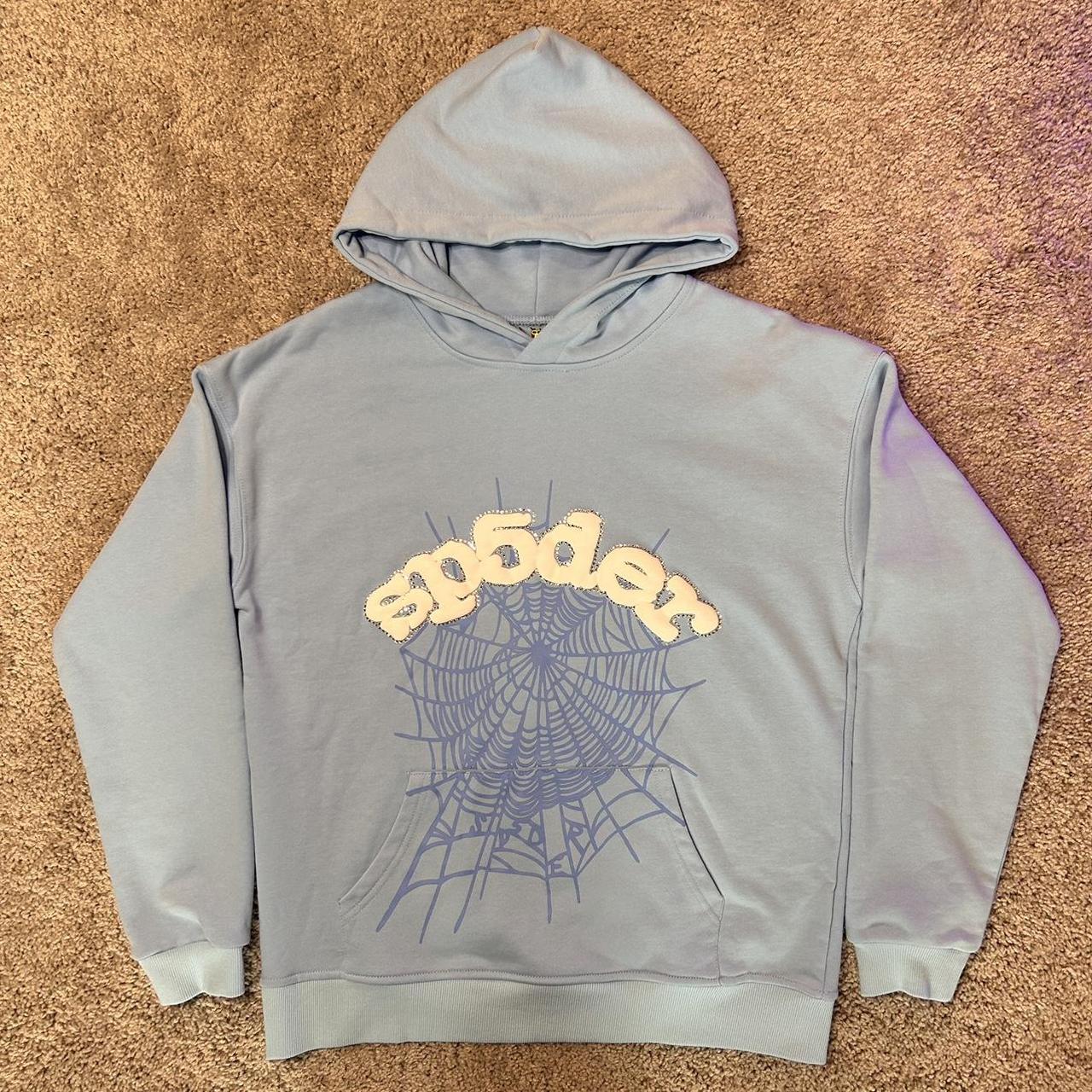 Sp5der Blue and White Rhinestone Web Hoodie 🕷️ - Size... - Depop
