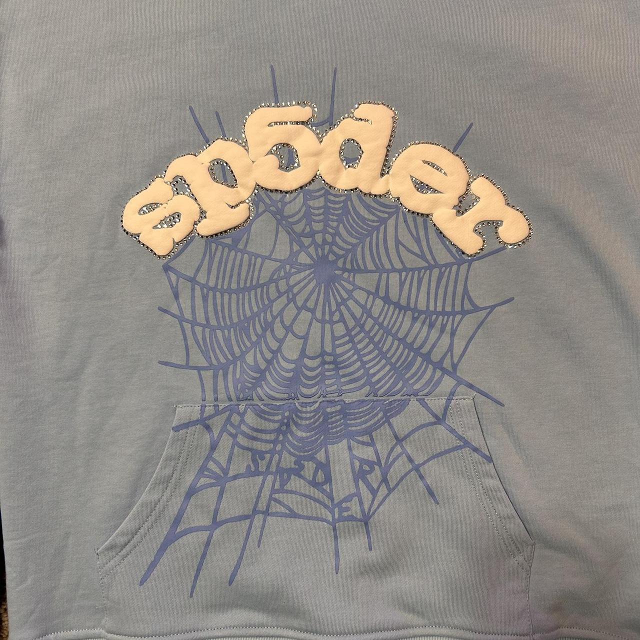 Sp5der Blue and White Rhinestone Web Hoodie 🕷️ - Size... - Depop