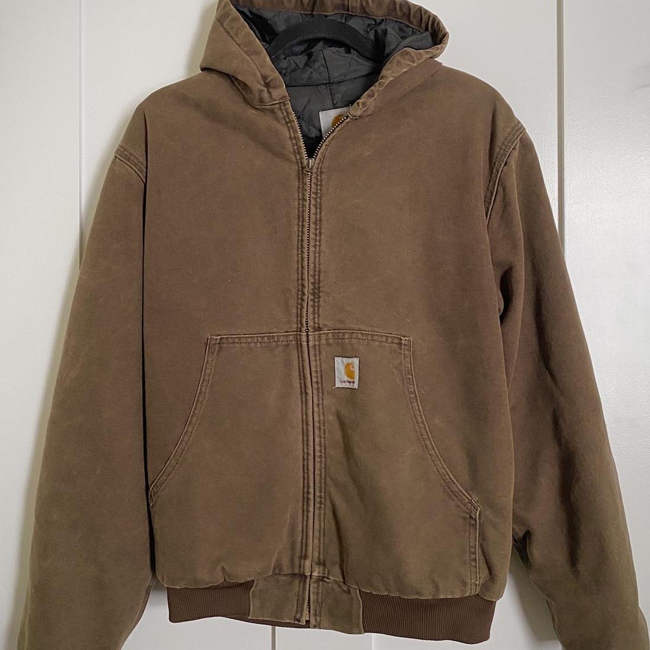 brown carhartt jacket with hood and quilted lining,... - Depop