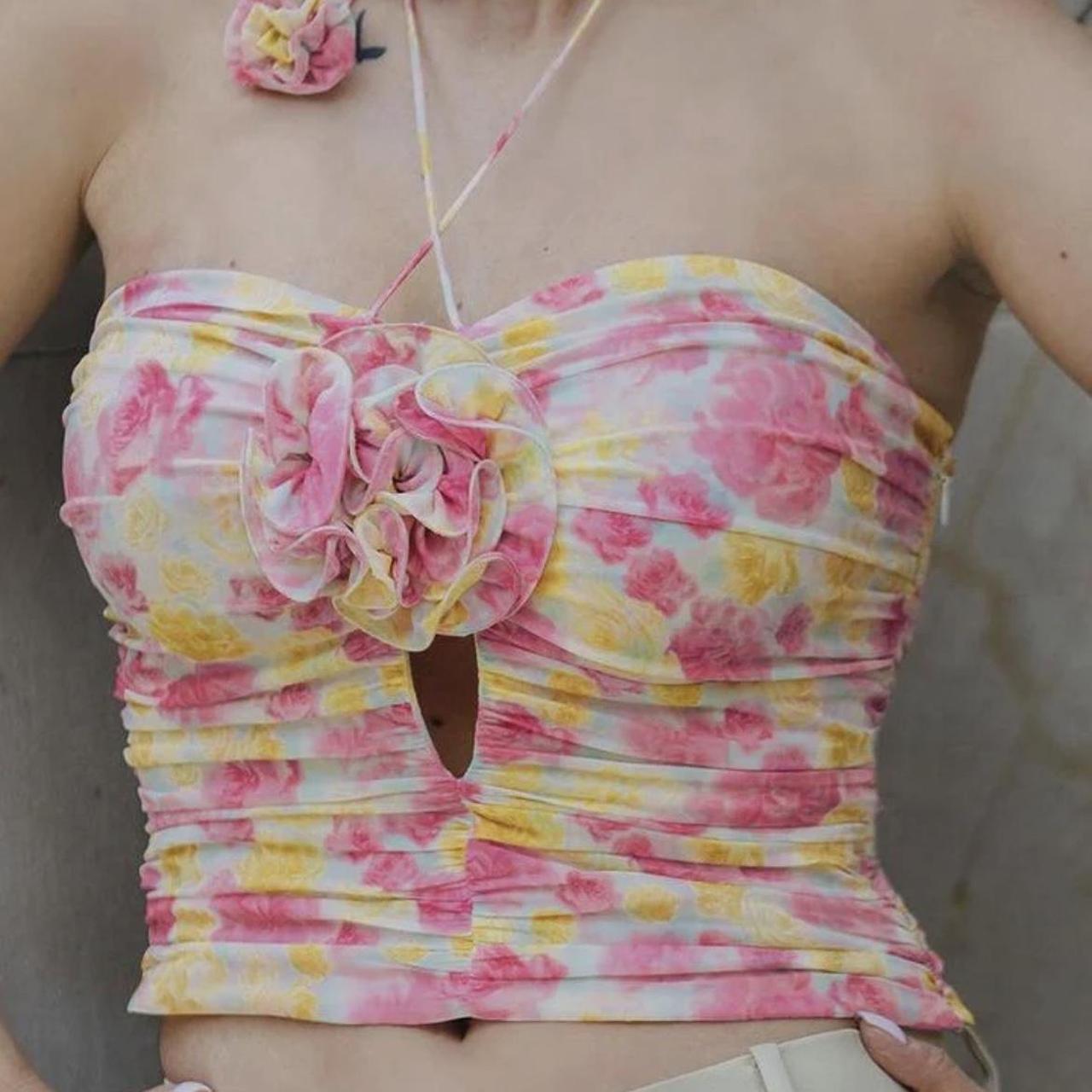 juicici sexy halter neck off shoulder floral cami... - Depop