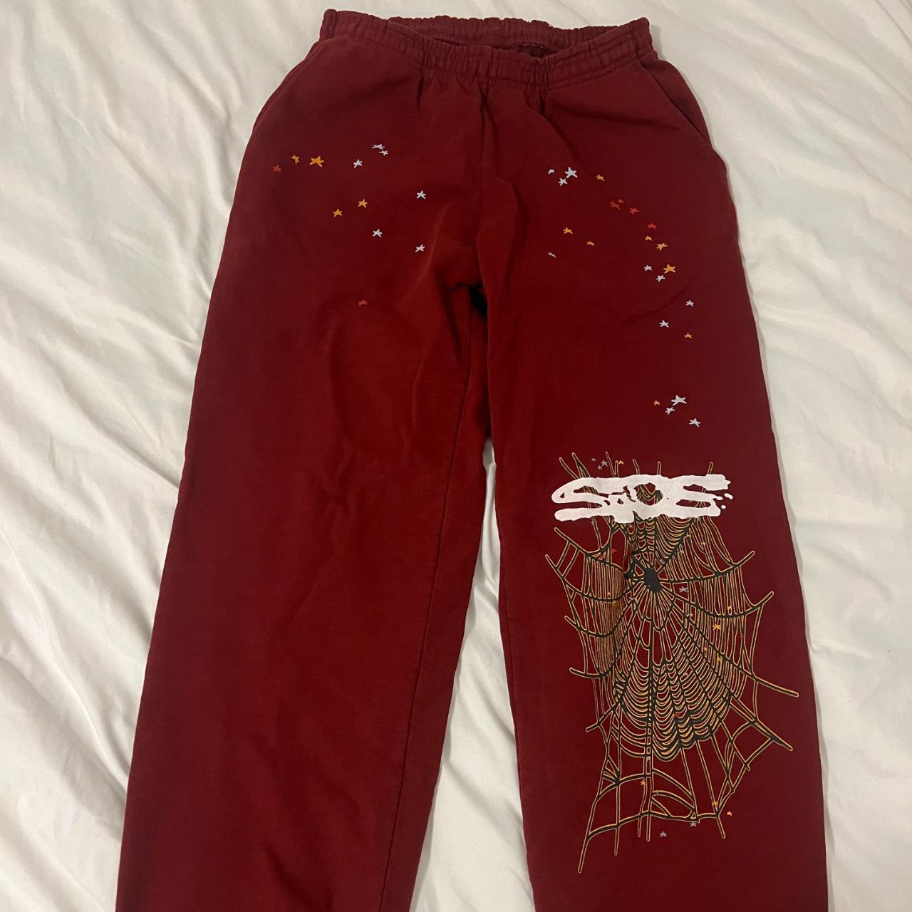 sp5der burgundy sweatpants size m - Depop