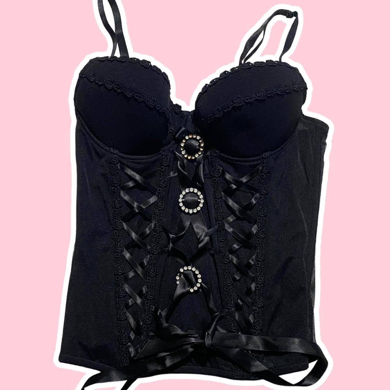 Black mesh corset with ribbon, rhinestone and rose... - Depop