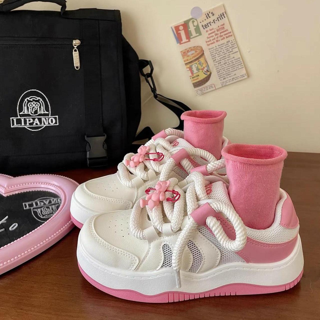 Super cute kawaii chunky pink and white dad trainers... - Depop
