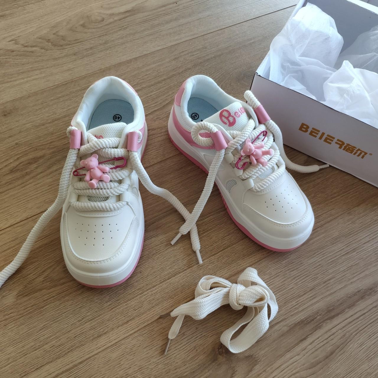 Super cute kawaii chunky pink and white dad trainers... - Depop