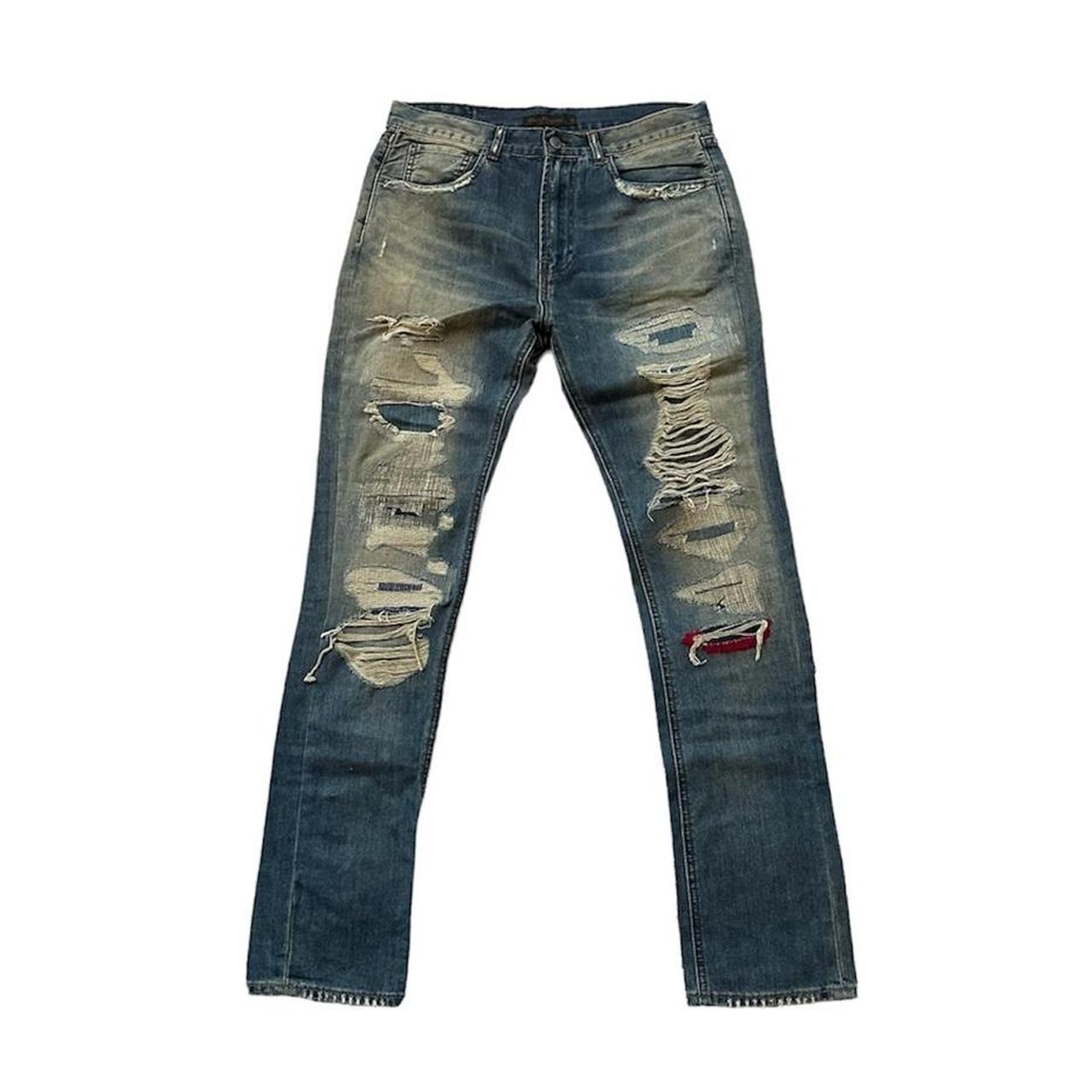 Undercover red yarn ripped slim/ skinny jeans in... - Depop