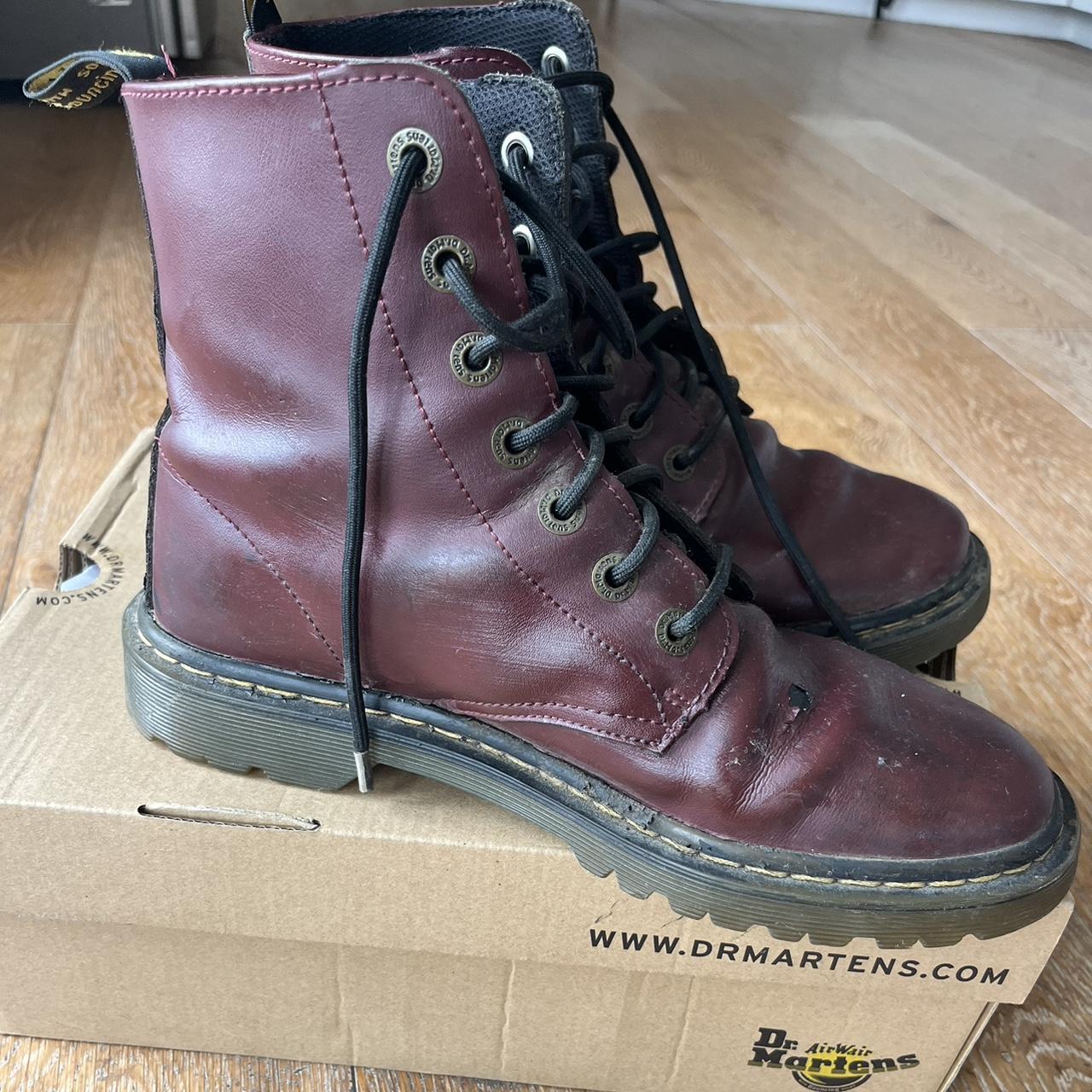 Cherry red doc martens. Some cracking in coloured... - Depop