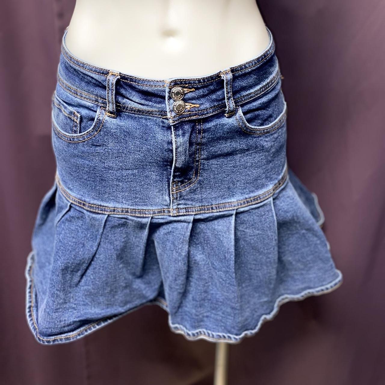 stretchy denim ruffle mini skirt from wild fable,... - Depop