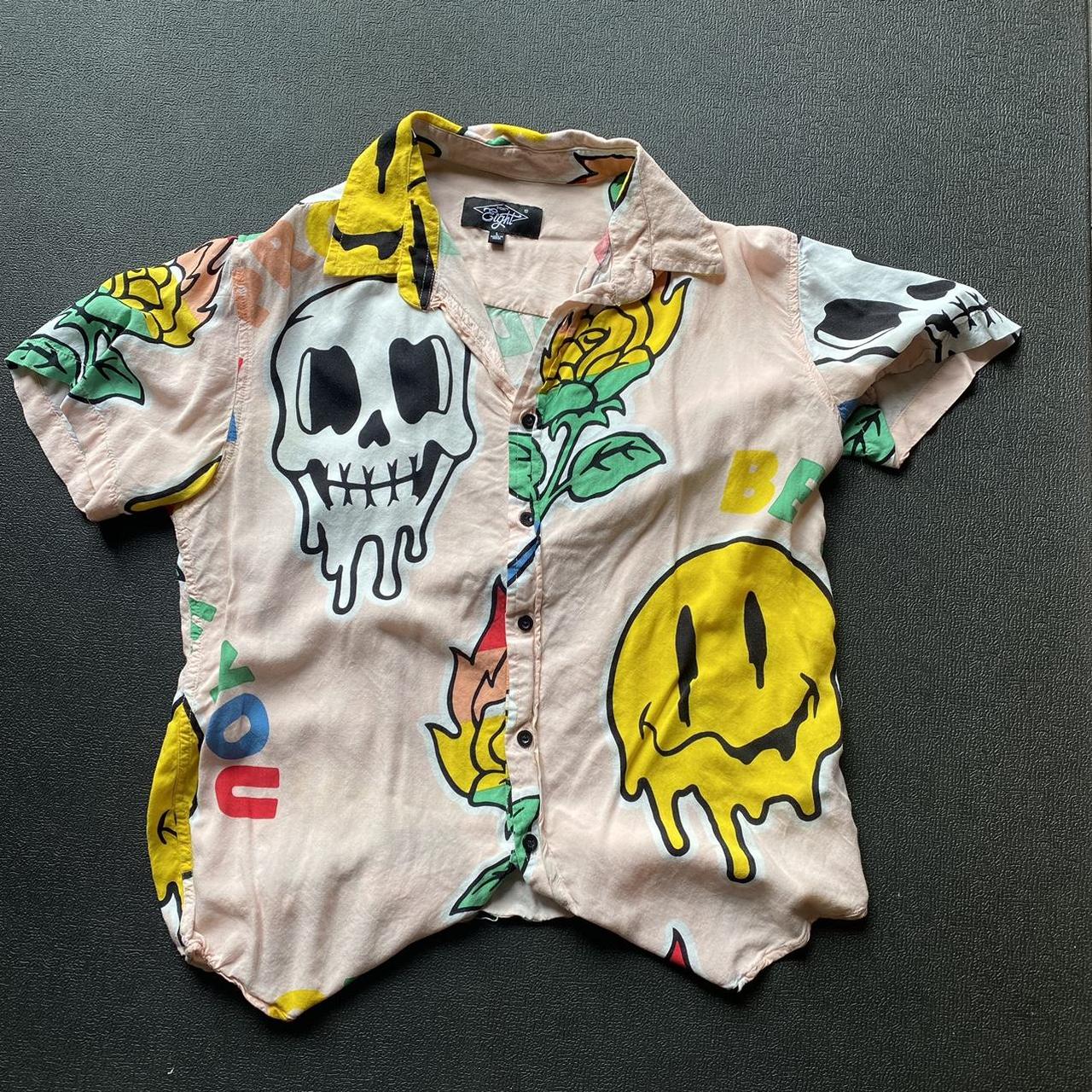 Eight pink skull button up shirt large 18 Fast... - Depop