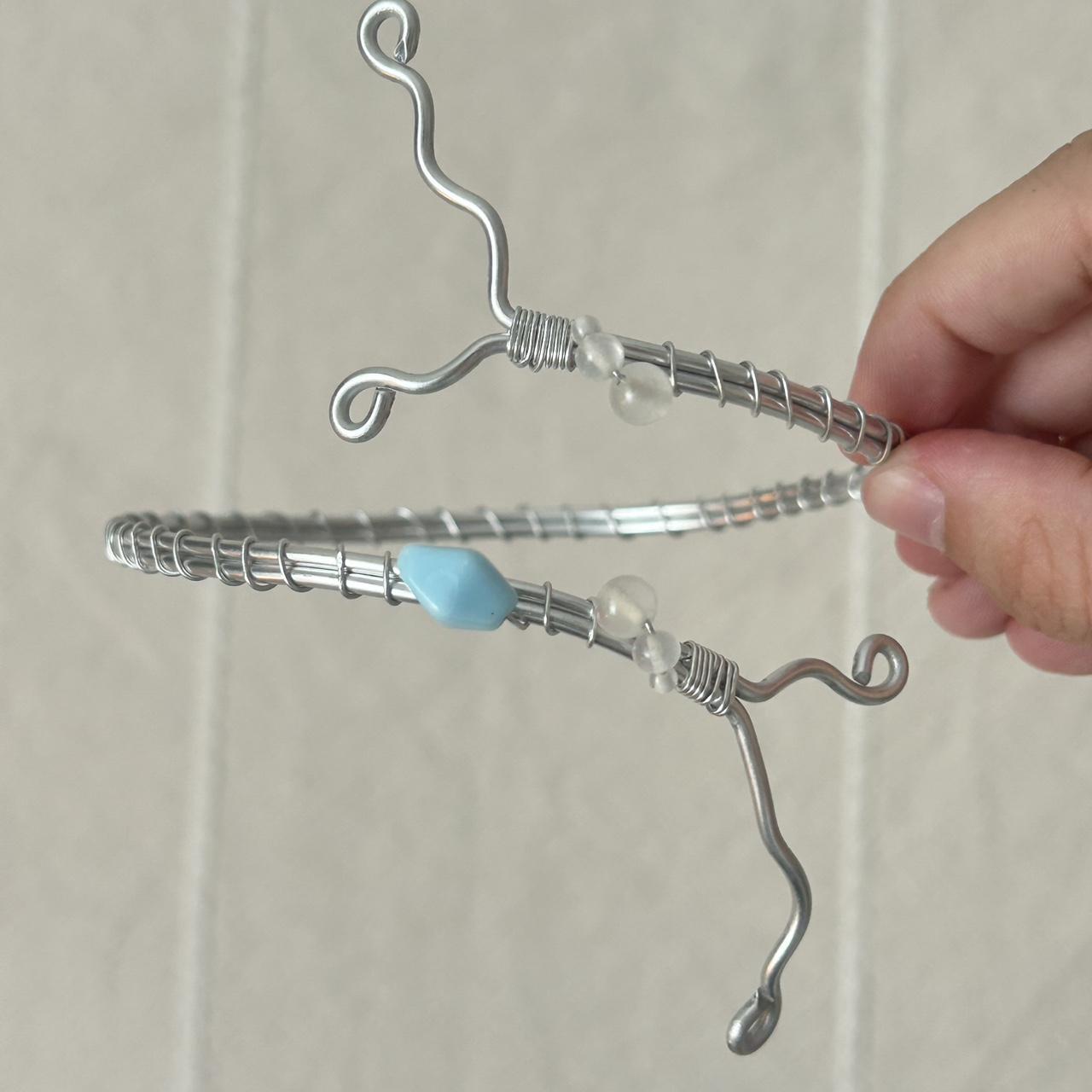 -Silver and blue beaded wire wrapped arm cuff... | Depop