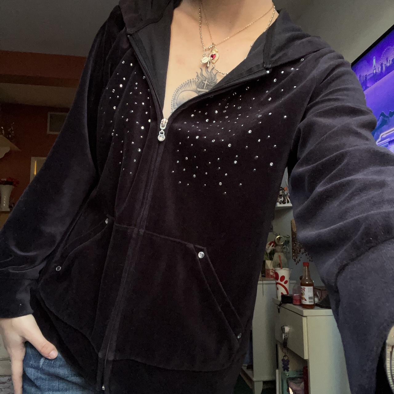 Black Velour Rhinestone Jacket zip up XL could... | Depop