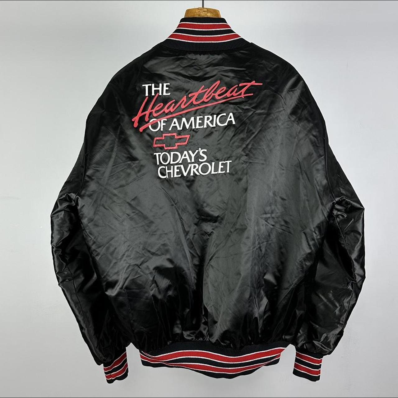 Vintage 1980s Chevrolet Satin Varsity Jacket, Black... - Depop