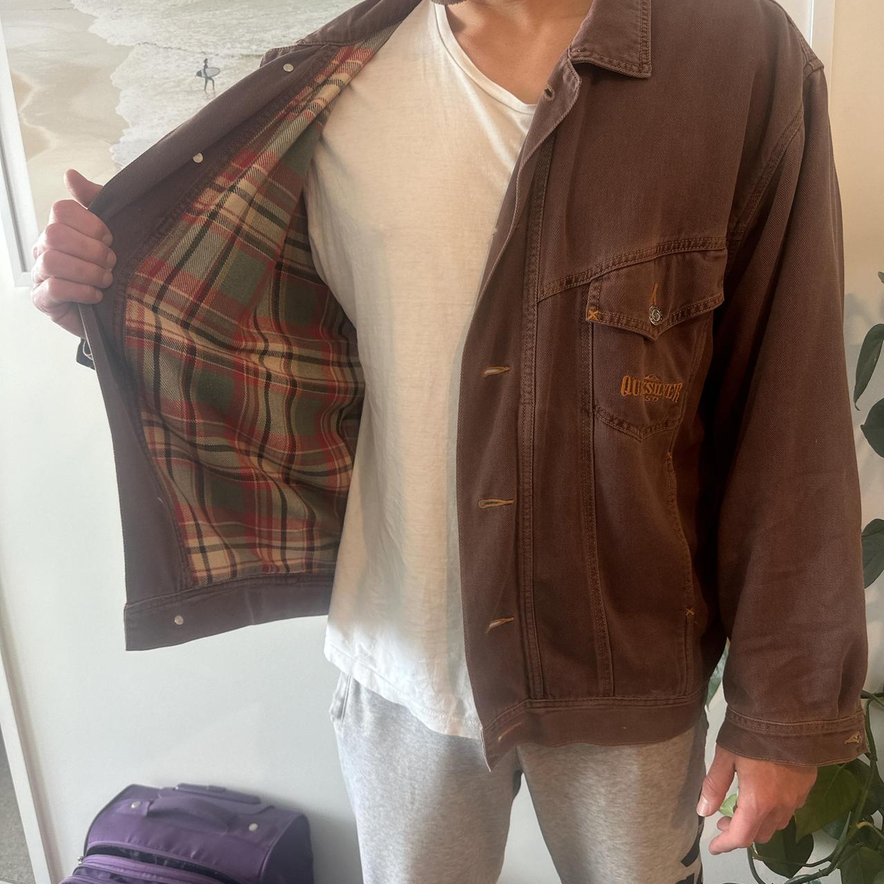 Vintage Quicksilver brown denim jacket with tartan... | Depop