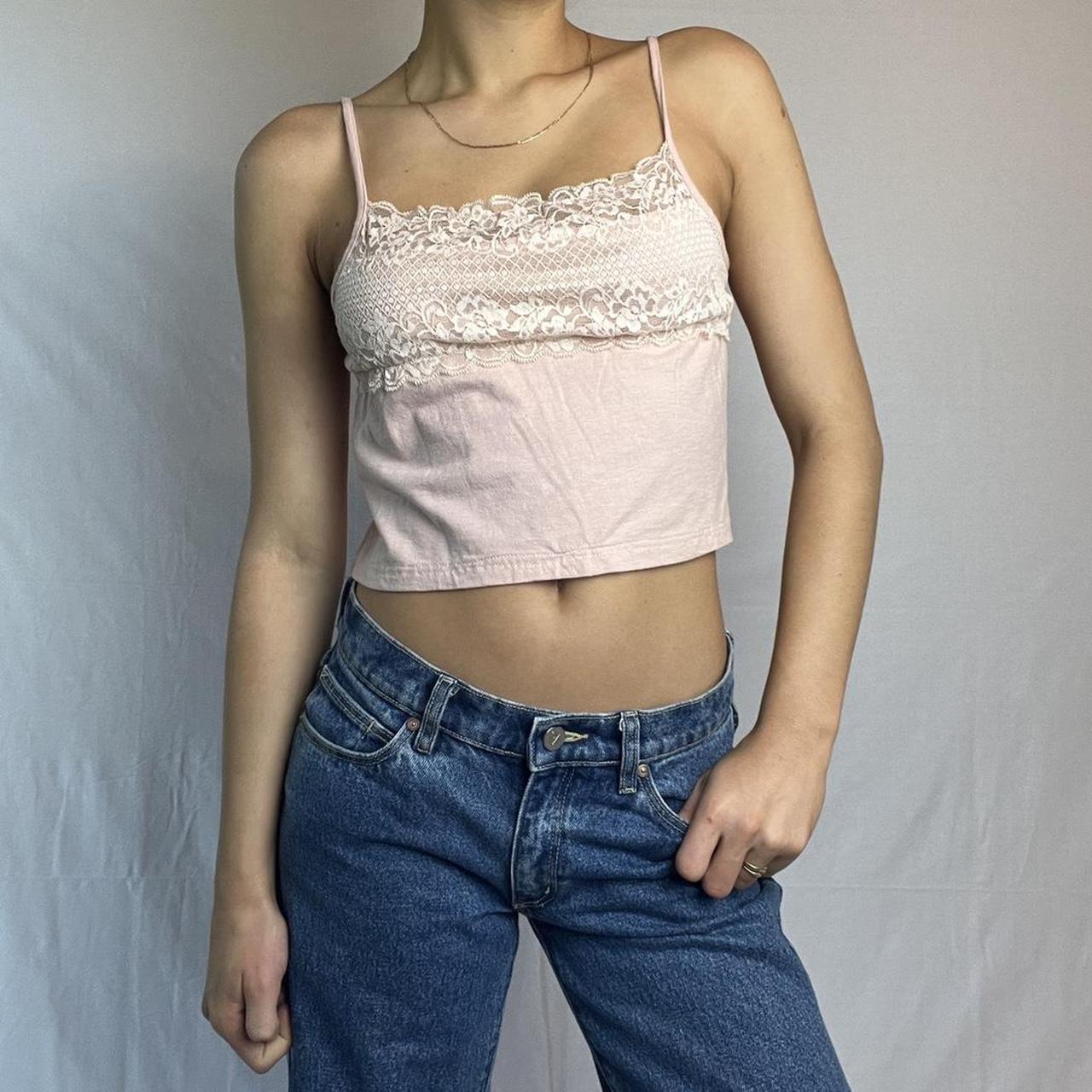 Y2K pale pink cottage-core crop top. Features lace... - Depop