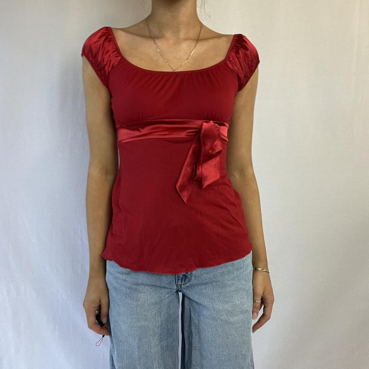 Gorgeous red shirt sleeve 90s top. Feature a bow at... - Depop