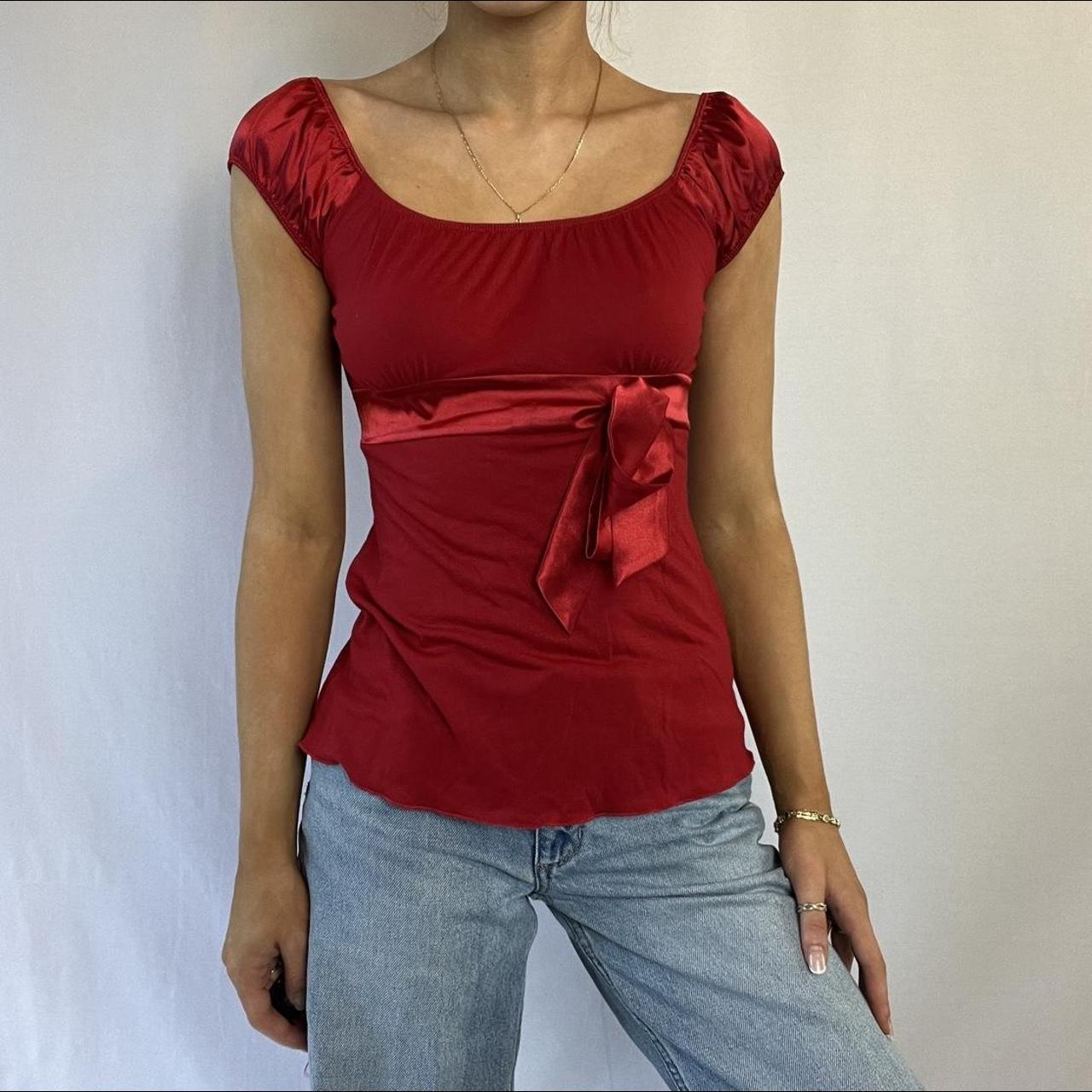 Gorgeous red shirt sleeve 90s top. Feature a bow at... - Depop