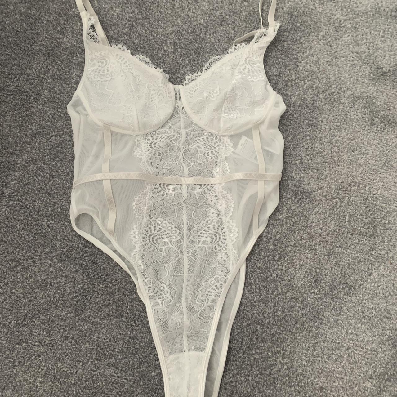 White lace bodysuit Never worn Have a size L and... - Depop