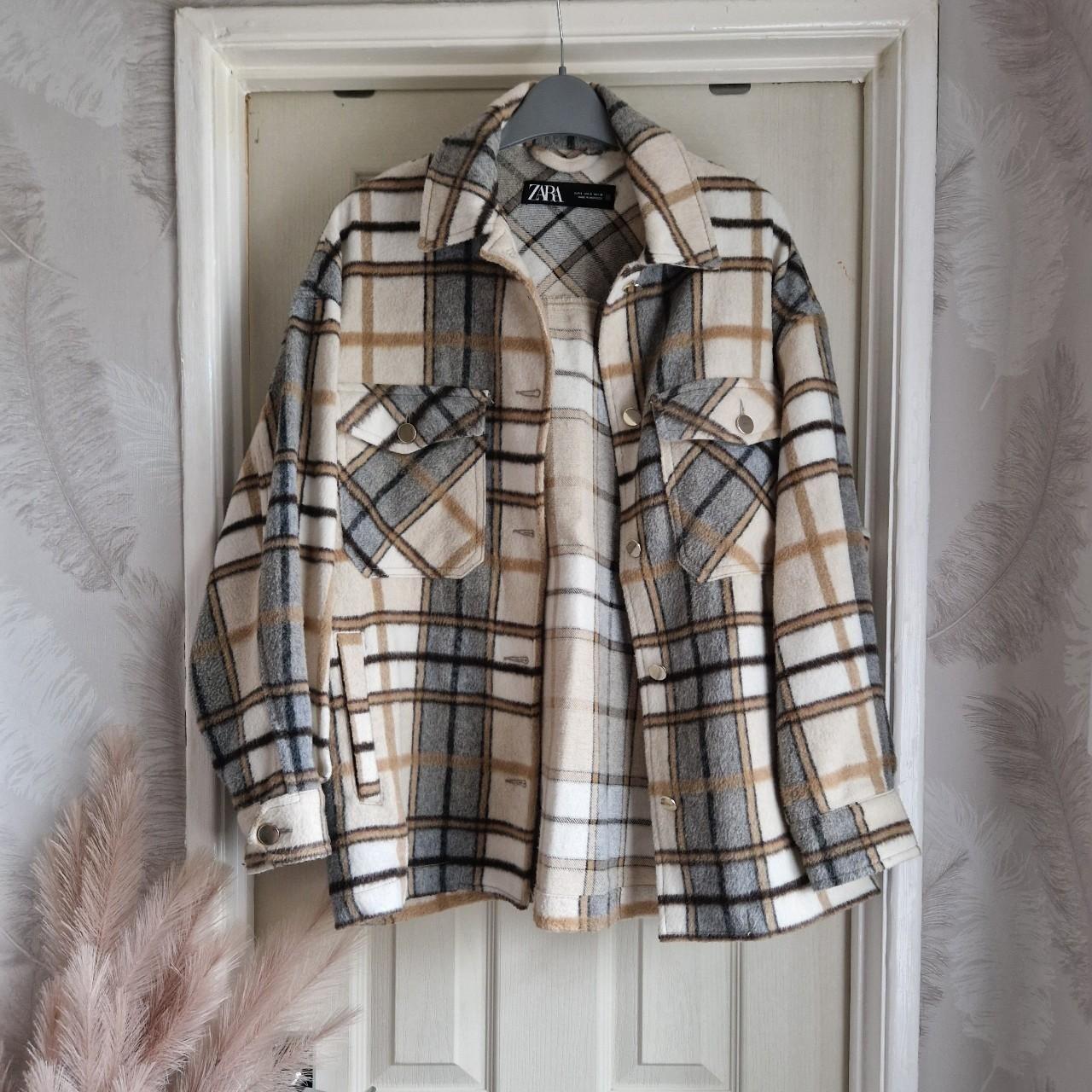Zara beige & grey plaid checked shacket Wool blend... - Depop