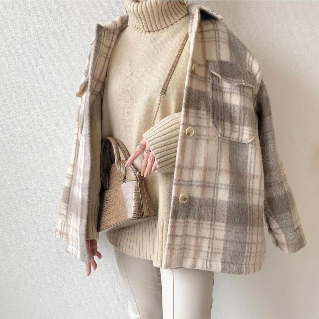 Zara beige & ecru plaid checked shacket Wool blend... - Depop