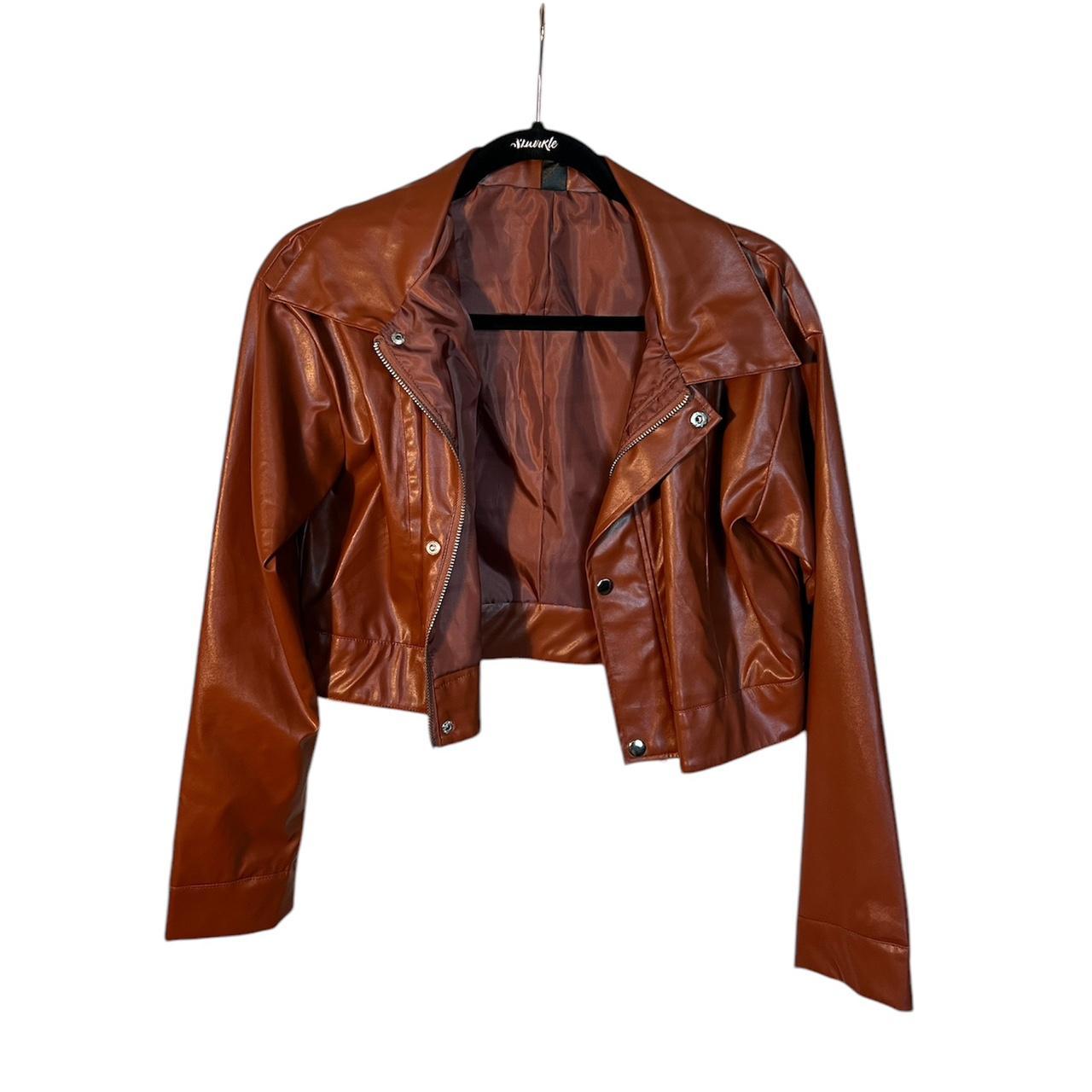 SHEIN brown faux leather cropped jacket, size L but... - Depop