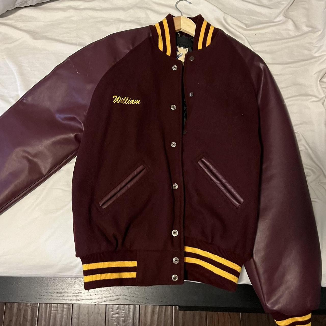 Maroon leather varsity jacker Medium but fits like a... - Depop