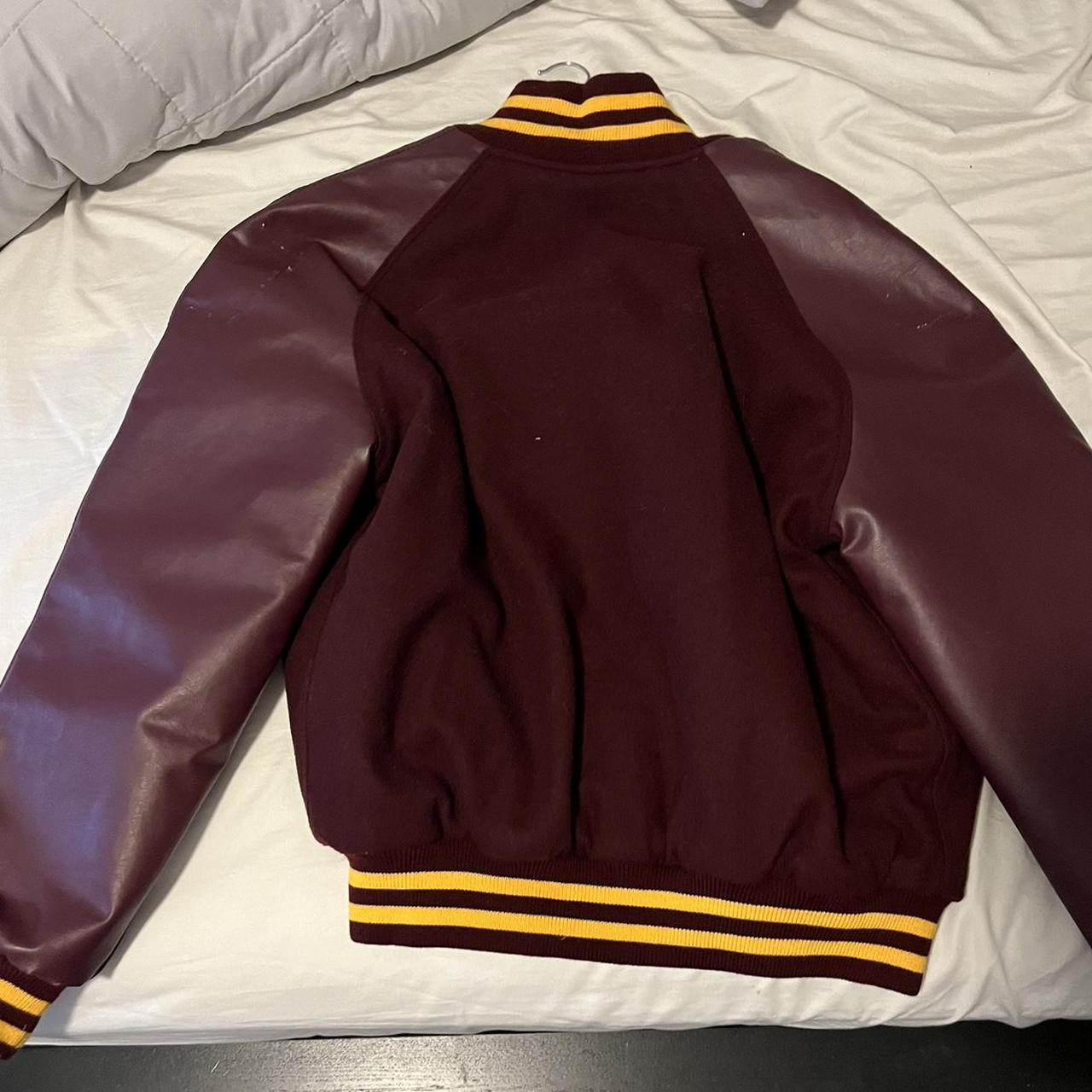 Maroon leather varsity jacker Medium but fits like a... - Depop