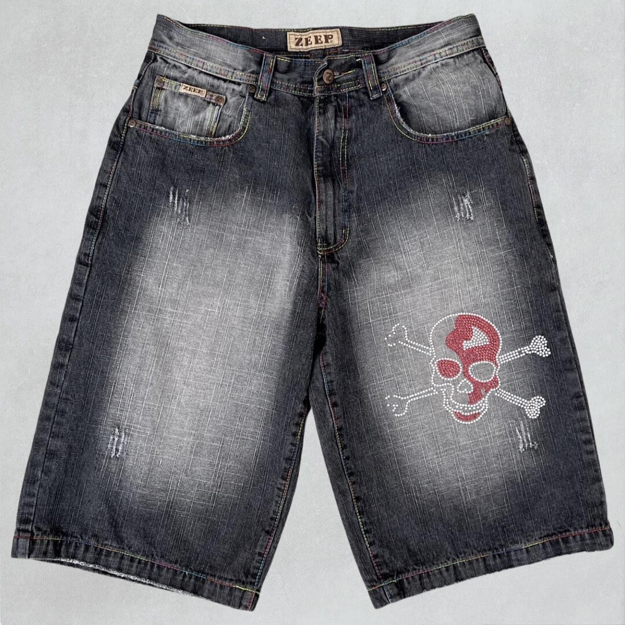 Y2K Skull Denim Jorts Rhinestone detailing 100%... - Depop