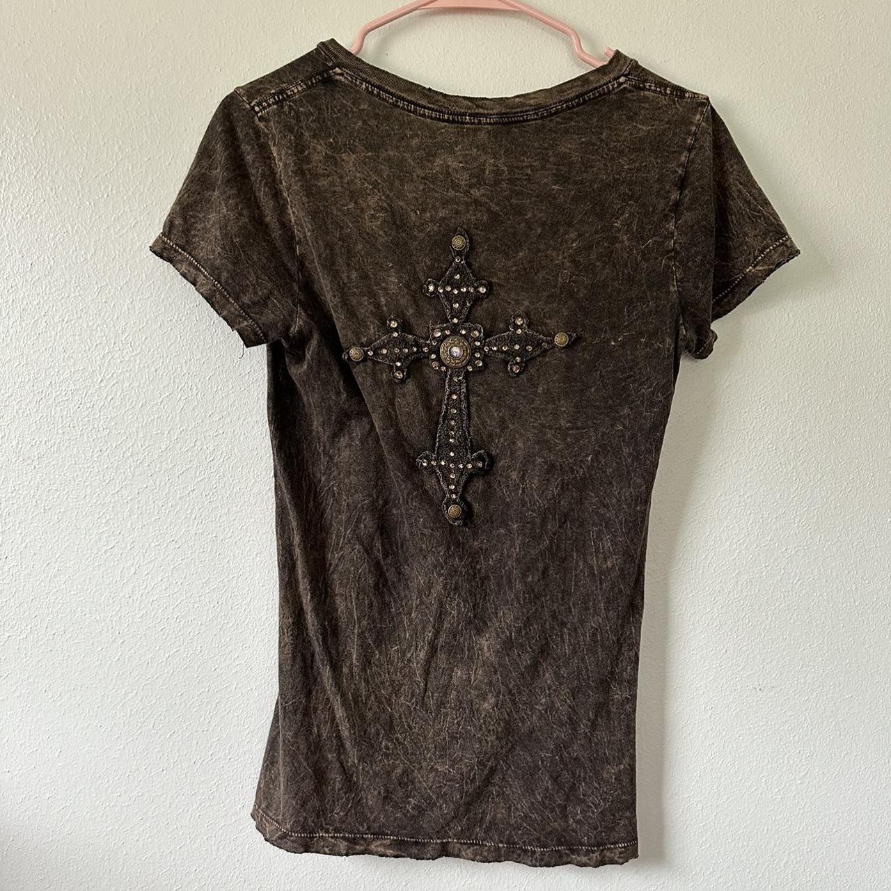 Y2K Brown Cross Rhinestone Baby Tee Shirt Pullover... - Depop