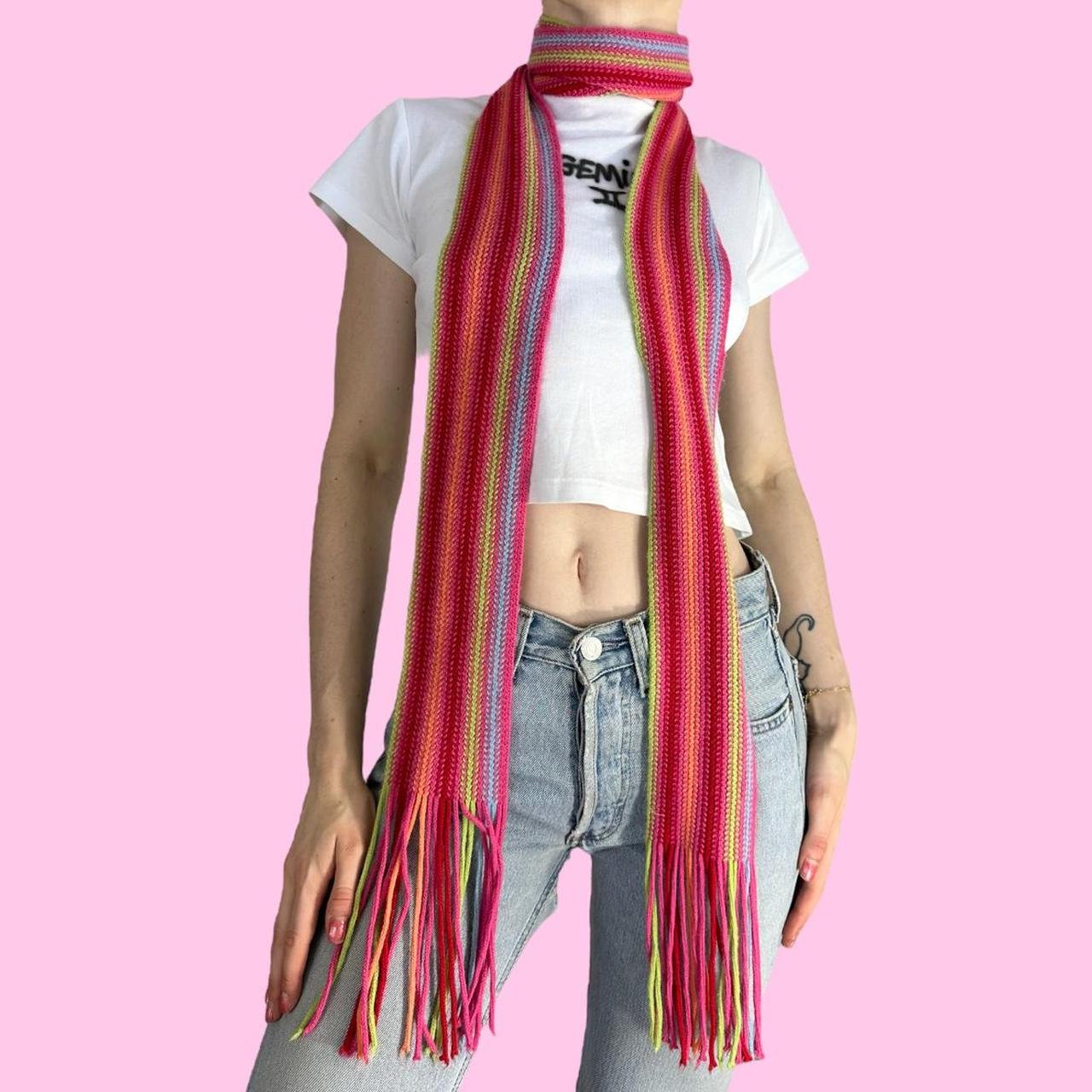 Y2K Pink Multicolor Striped Knit Skinny Scarf Great... - Depop