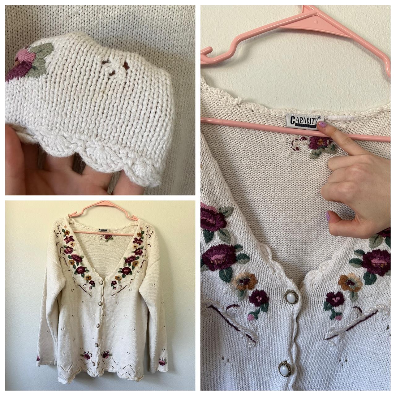 Vintage 90s White Floral Cottage Core Cardigan... - Depop