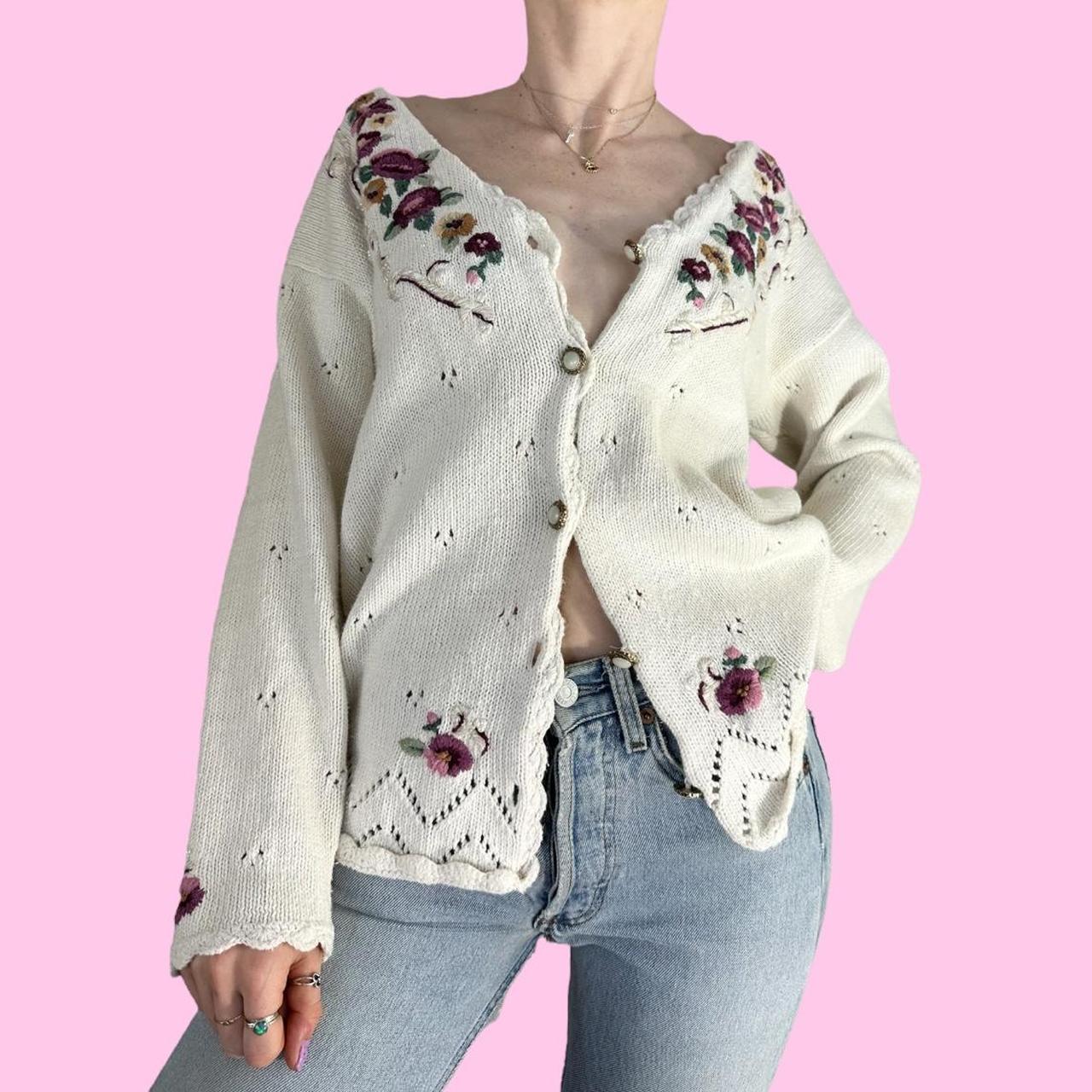 Vintage 90s White Floral Cottage Core Cardigan... - Depop