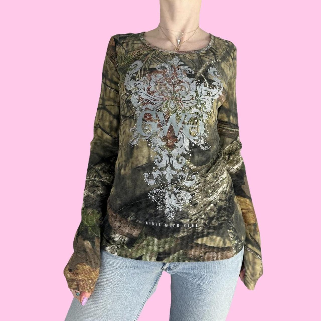 Y2K Rhinestone Camo Thermal Babydoll Shirt... - Depop