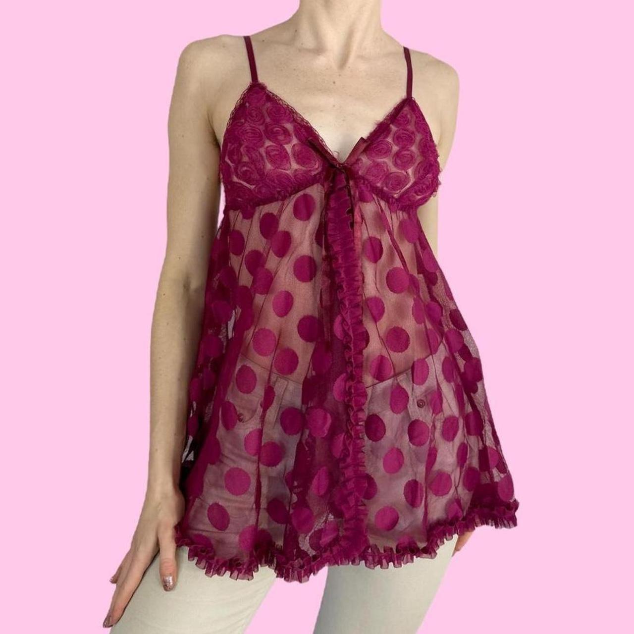 Y2K Pink Magenta Polka Dot Floral Mesh Lingerie Cami... | Depop