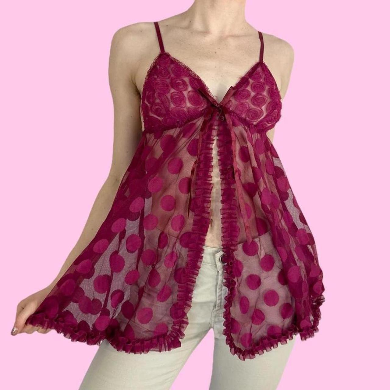 Y2K Pink Magenta Polka Dot Floral Mesh Lingerie Cami... | Depop