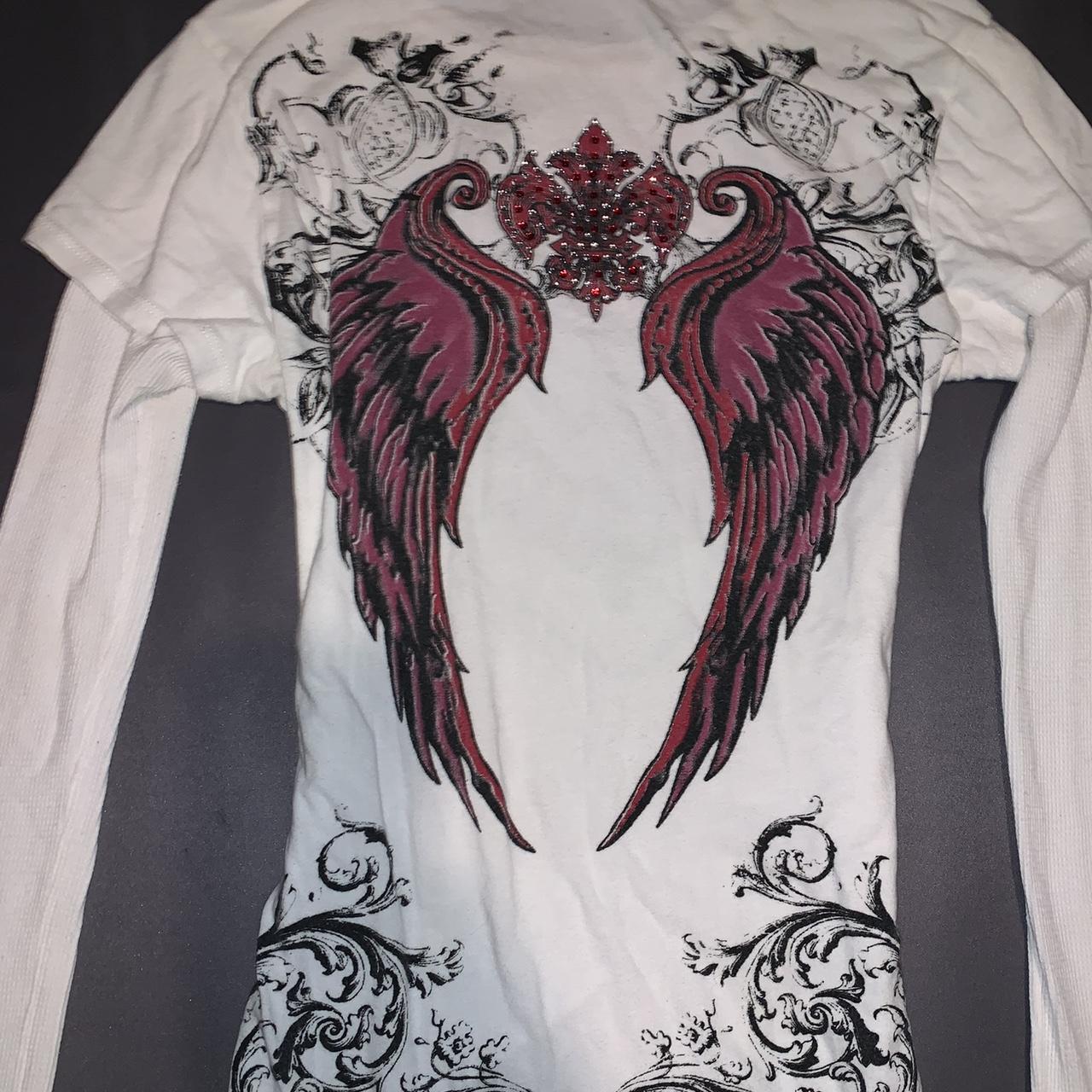 Cyber Y2K, black and white and red graphic shirt... - Depop