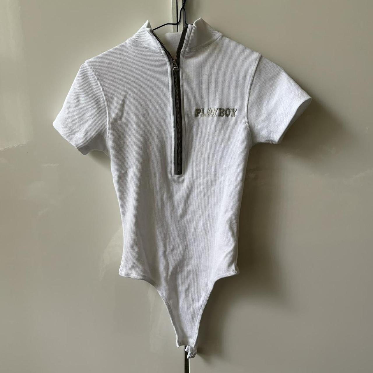 PLAYBOY white polo bodysuit - reflective silver... - Depop